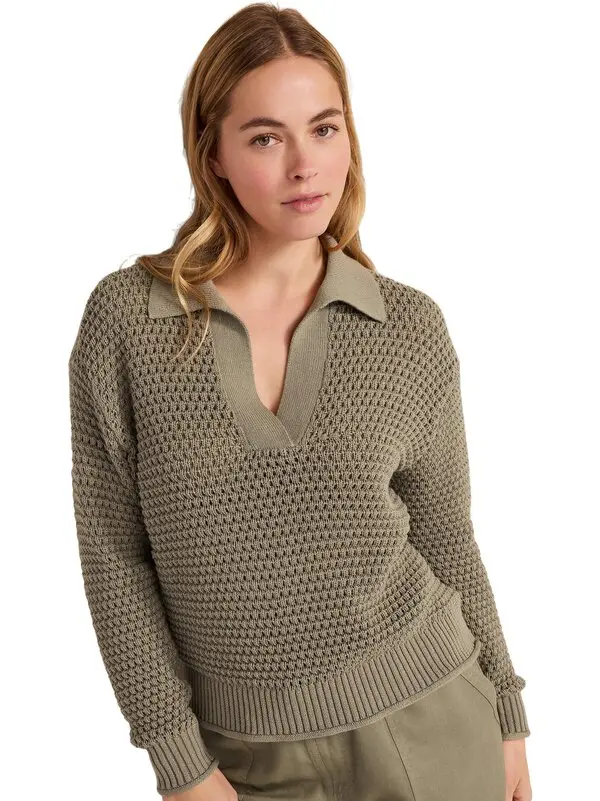 HAVEN WELL WITHIN Cotton Wave Stitch Johnny Collar Sweater - Vetiver