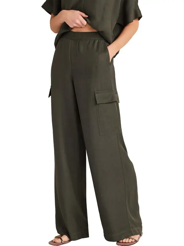 HAVEN WELL WITHIN Viscose Linen Palazzo Pants With Cargo Pockets - Cypress