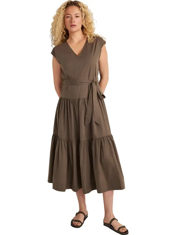 HAVEN WELL WITHIN Organic Cotton Poplin Tiered Midi Dress - Slate Brown