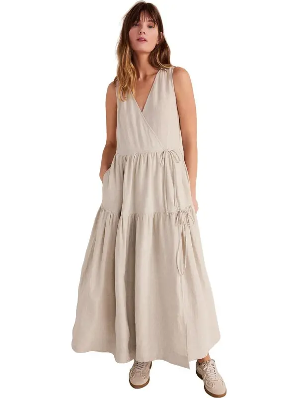 HAVEN WELL WITHIN Everweave Linen Tiered Wrap Maxi Dress - Oatmeal Cross Dye