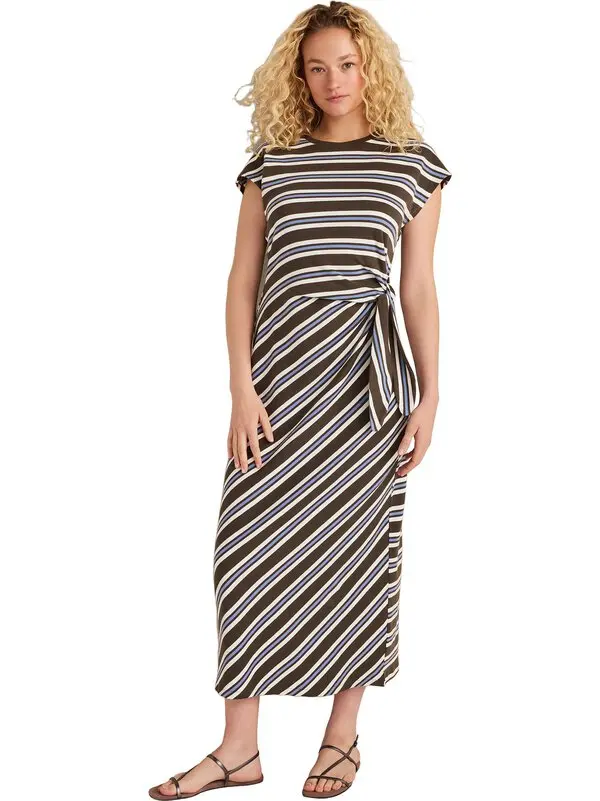 HAVEN WELL WITHIN Organic Cotton Interlock Stripe Midi Knot Dress - Burnt Toffee Multicolor