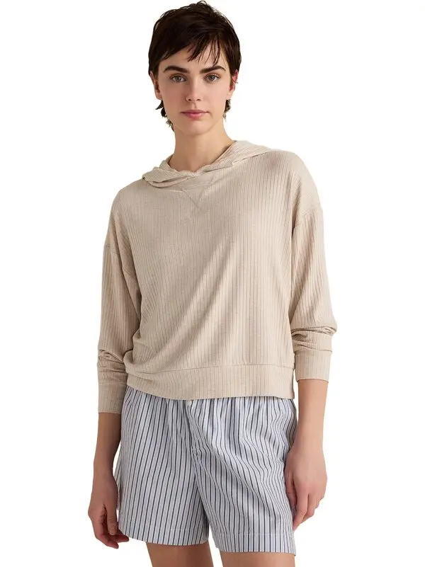HAVEN WELL WITHIN Drapey Rib Knit Hoodie - Fawn Heather