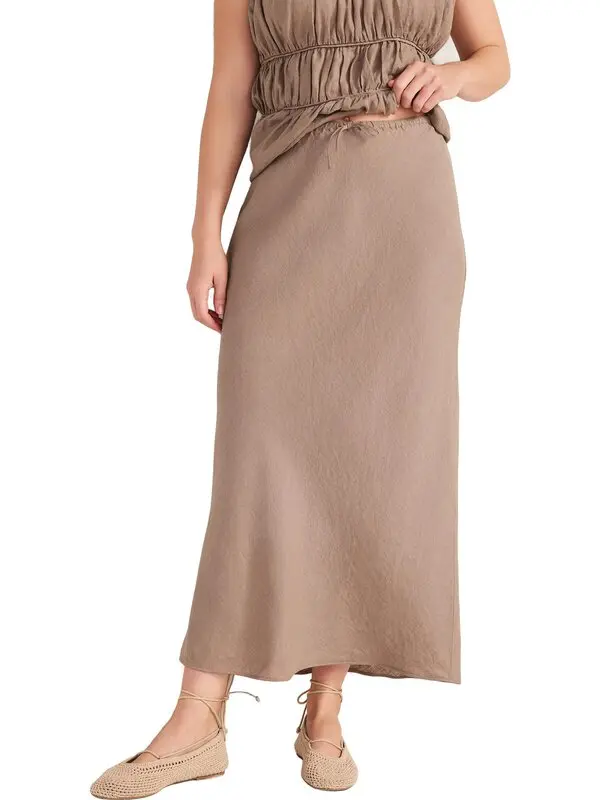 HAVEN WELL WITHIN Linen Bias Cut Midi Skirt - Sugar Chestnut