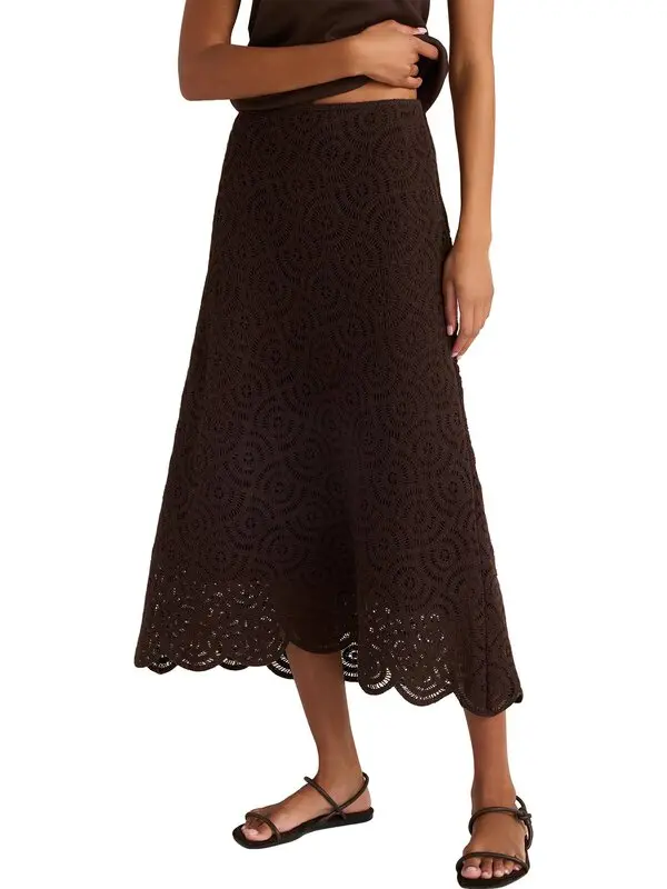 HAVEN WELL WITHIN Cotton Crochet Scalloped Midi Skirt - Coffee Bean