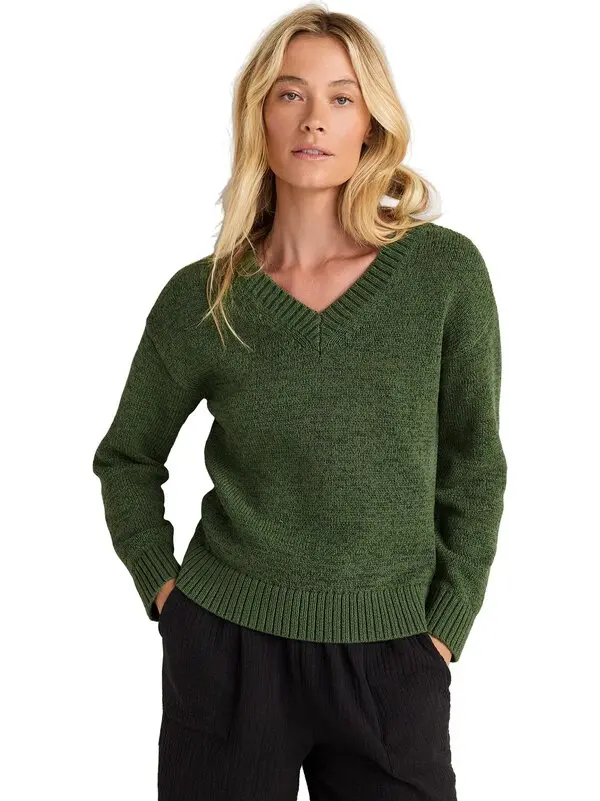 HAVEN WELL WITHIN Cotton Blend Tape Yarn V-neck Sweater - Lush Palm