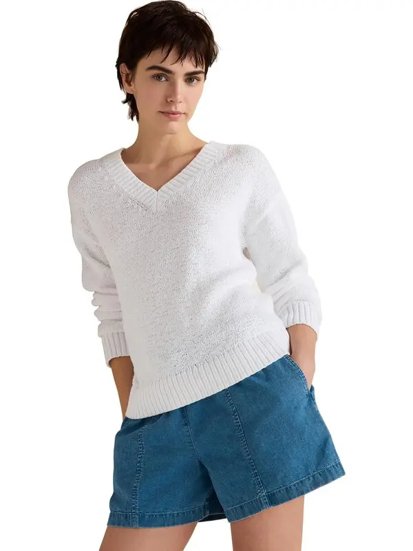 HAVEN WELL WITHIN Cotton Blend Tape Yarn V-neck Sweater - White