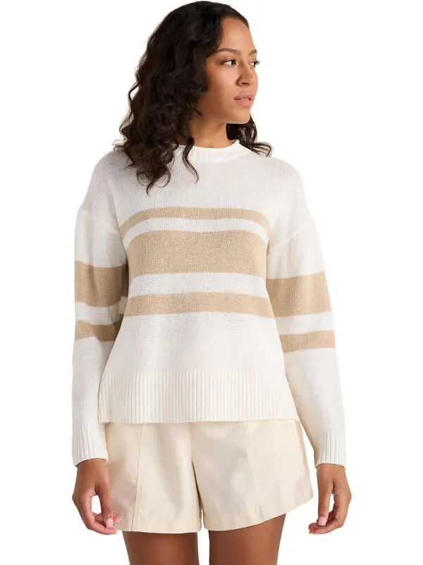 HAVEN WELL WITHIN Cotton Linen Stripe Roll Neck Sweater - Ivory,willow Bark