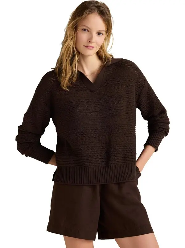 HAVEN WELL WITHIN Cotton Mixed Stitch Johnny Collar Sweater - Coffee Bean