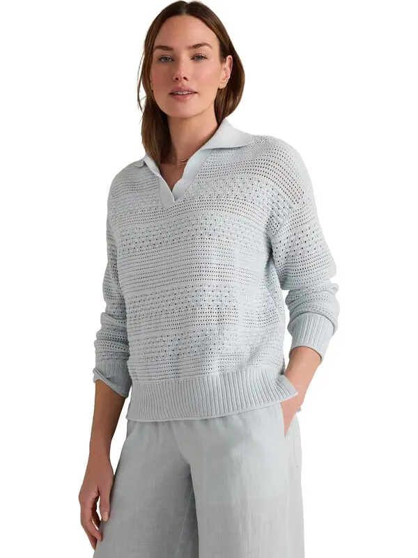 HAVEN WELL WITHIN Cotton Mixed Stitch Johnny Collar Sweater - Ice Blue