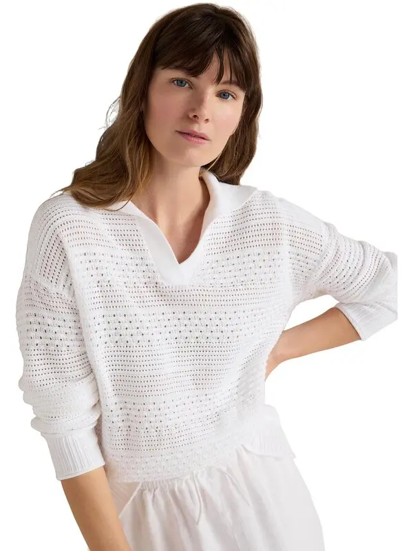 HAVEN WELL WITHIN Cotton Mixed Stitch Johnny Collar Sweater - White