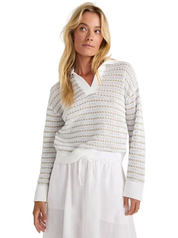 HAVEN WELL WITHIN Organic Cotton Stripe Mixed Stitch Johnny Collar Sweater - White,ice Blue,willow Brk