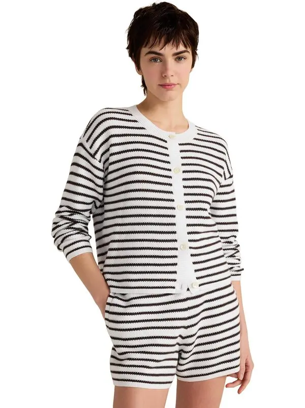 HAVEN WELL WITHIN Cotton Stripe Button-front Cardigan - White,coffee Bean