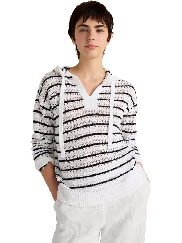 HAVEN WELL WITHIN Linen Cotton Blend Striped Open Stitch Hoodie - White,black