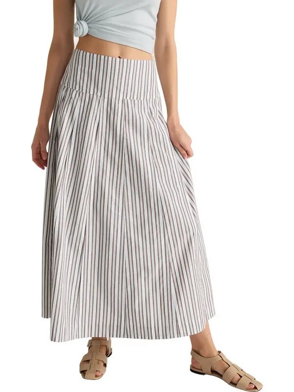 HAVEN WELL WITHIN Organic Cotton Poplin Stripe Drop Waist Maxi Skirt - Woven Multicolor Stripe Coffee