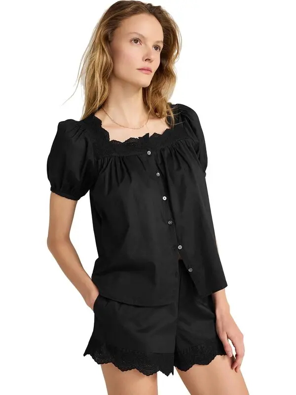 HAVEN WELL WITHIN Organic Cotton Poplin Embroidered Top - Black