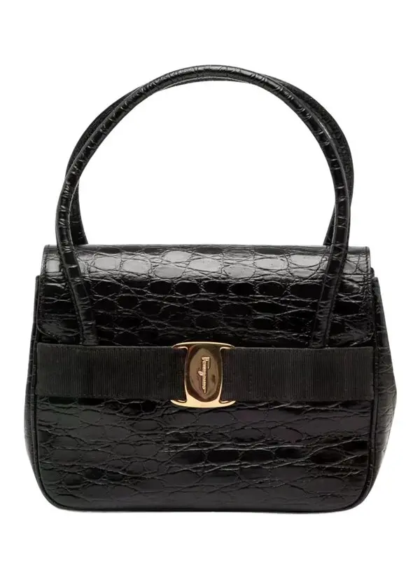 FERRAGAMO Croc Embossed Vara Bow Top Handle Bag - Black