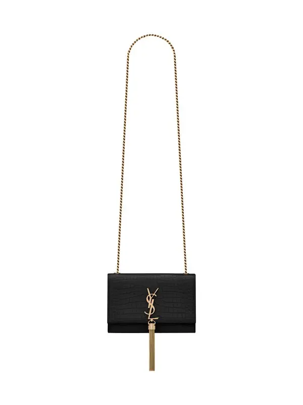 Saint Laurent Kate Small Tassel Bag In Crocodile-embossed Leather - Black