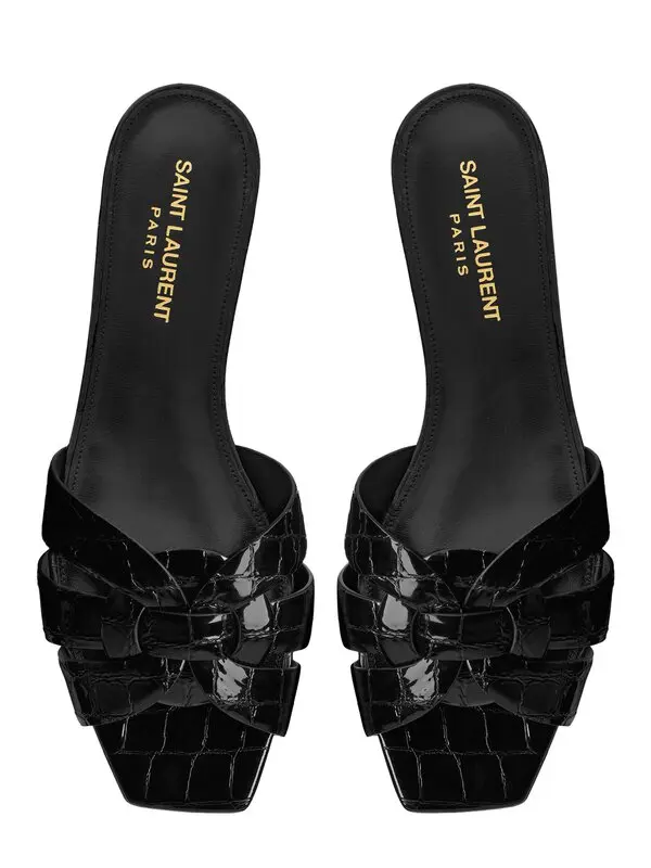 Saint Laurent Tribute Mules In Crocodile Embossed Leather - Black