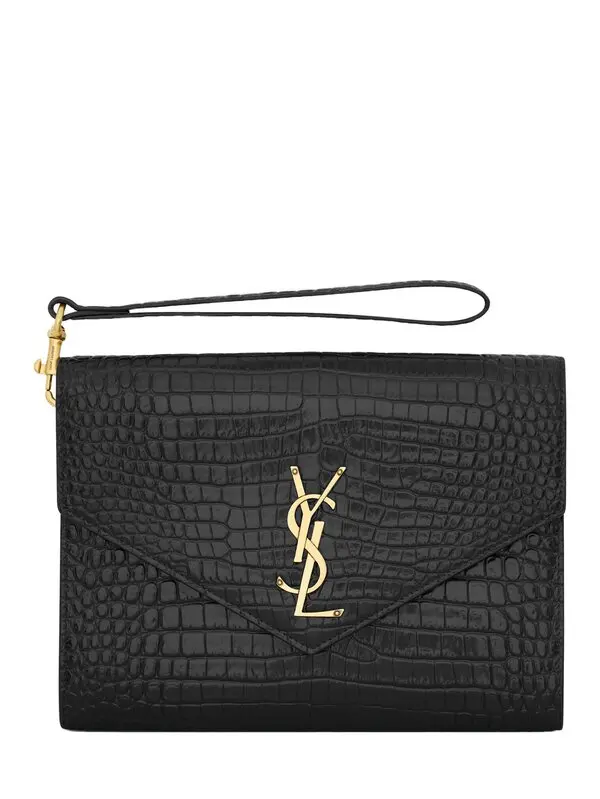 Saint Laurent Cassandre Flap Pouch In Crocodile-embossed Shiny Leather - Black
