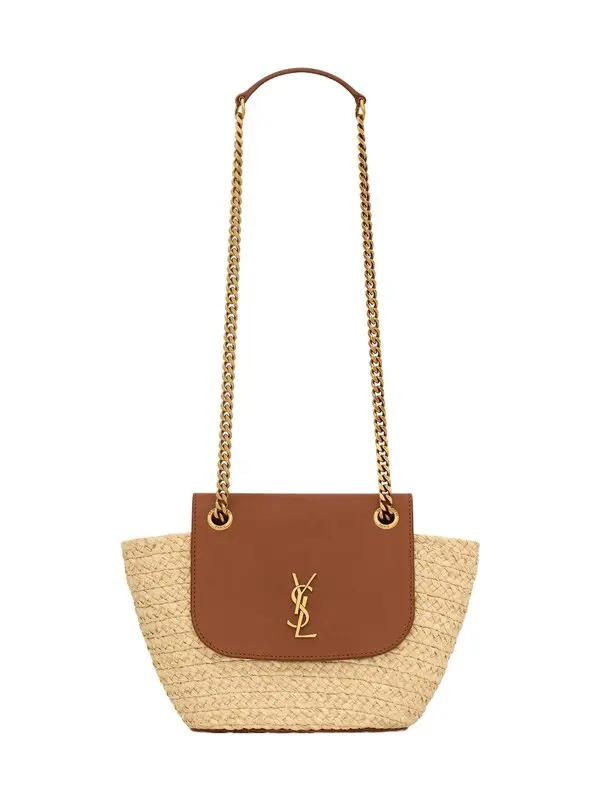 Saint Laurent Mini Manon Raffia Bag With Leather Flap - Naturel And Brick