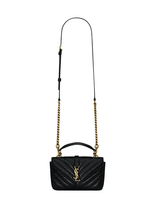 Saint Laurent College Mini Chain Bag In Shiny Crackled Leather - Black