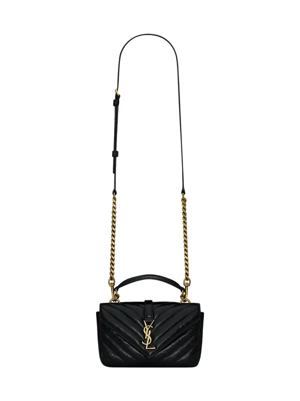 Saint Laurent College Mini Chain Bag In Shiny Crackled Leather - Black