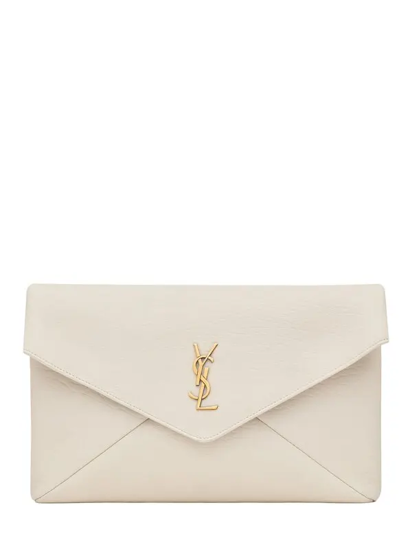 Saint Laurent Cassandre Large Envelope Pouch In Lambskin - White