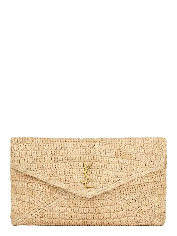 Saint Laurent Cassandre Large Envelope Pouch In Raffia - Naturel And Brick