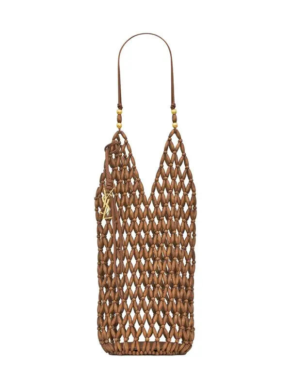 Saint Laurent Supple Bucket Bag In Wood Beads And Leather - Light Wood