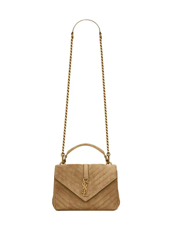 Saint Laurent College Medium Bag In Quilted Suede - Golden Leaf