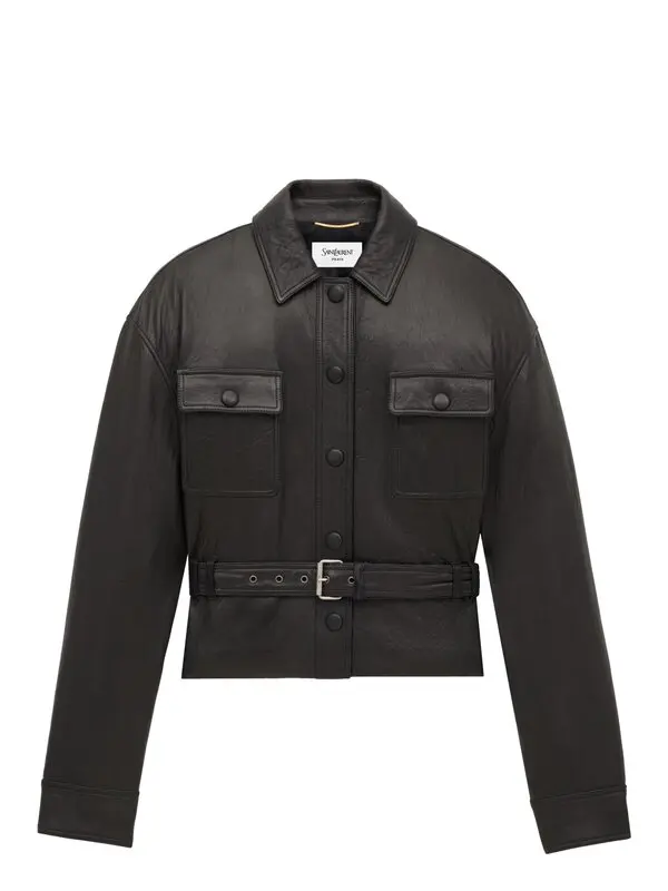 Saint Laurent Saharienne Short Jacket In Lambskin Leather - Noir