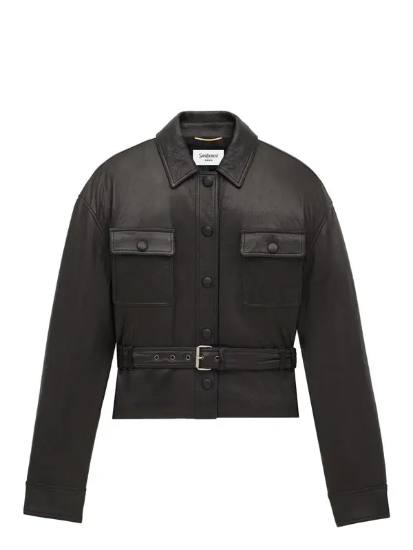 Saint Laurent Saharienne Short Jacket In Lambskin Leather - Noir