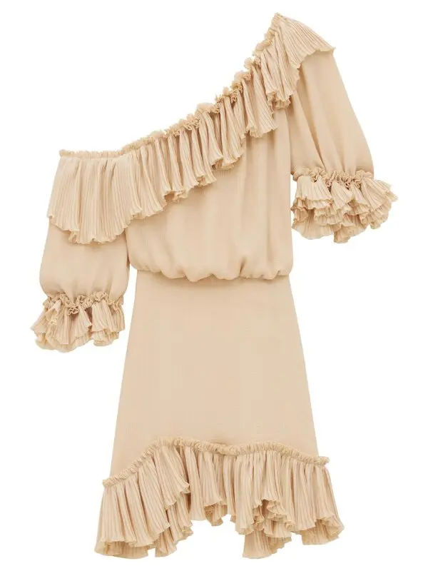 Saint Laurent One-shoulder Ruffled Silk Crepon Muslin Dress - Beige