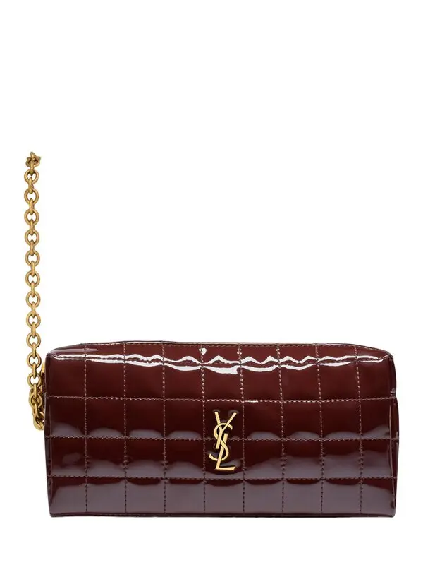 Saint Laurent Cassandre Matelassé Carré Pouch On Chain In Shiny Canvas - Dark Red Wine