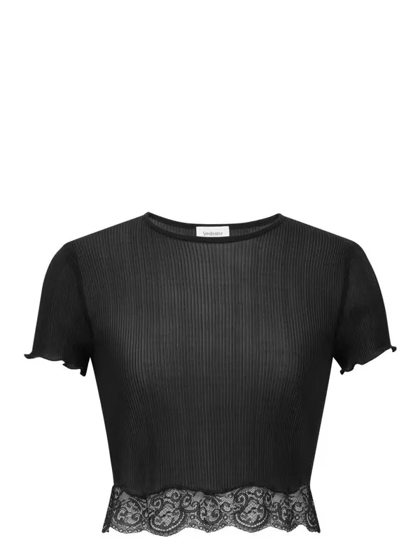 Saint Laurent Ribbed Silk T-shirt With Lace Trim - Black