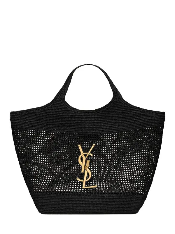 Saint Laurent Icare Maxi Tote In Raffia And Leather - Black