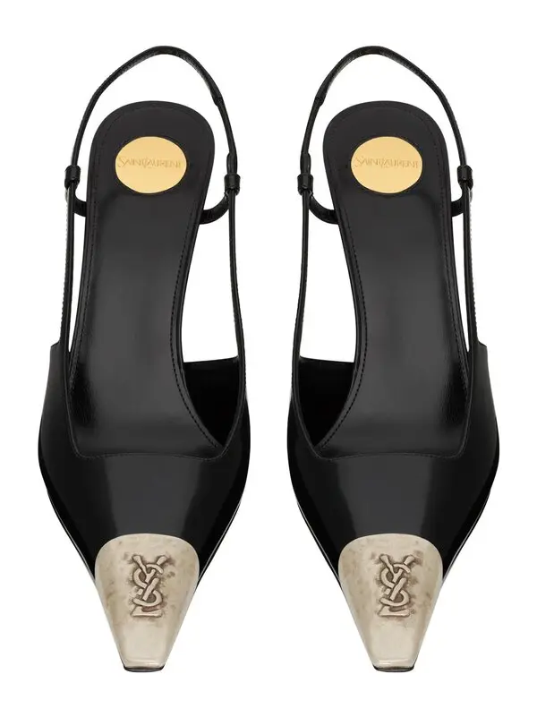 Saint Laurent Jeanne Slingback Pumps In Glazed Leather With Metal Cap Toe - Black