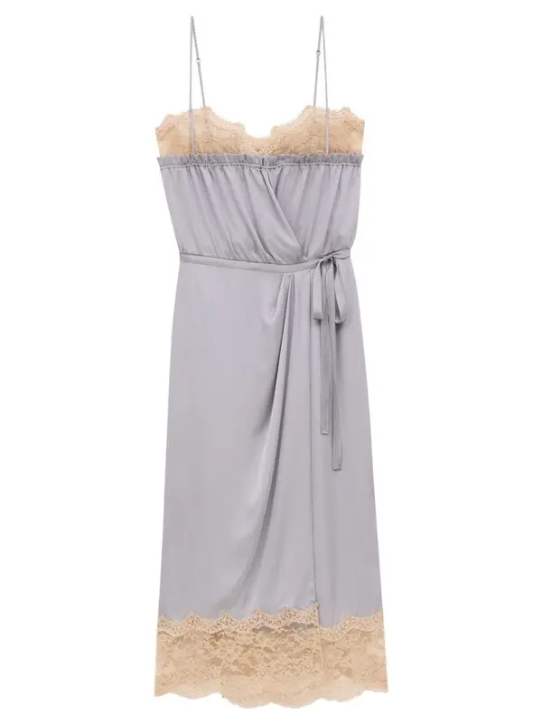 Saint Laurent Silk Charmeuse And Lace Wrap Slip Dress - Bleu Gris Nude