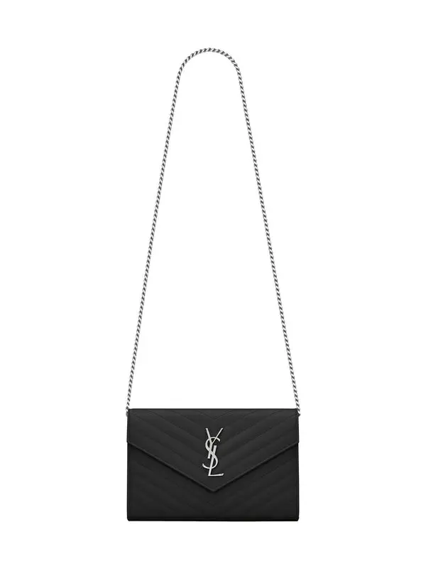 Saint Laurent Cassandre Chain Wallet In Grain De Poudre Leather - Black