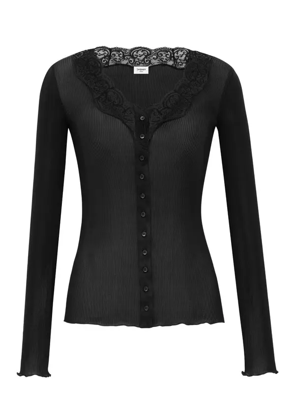 Saint Laurent Ribbed Silk Cardigan With Lace Detailing - Black