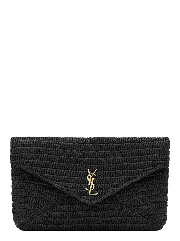 Saint Laurent Cassandre Large Envelope Pouch In Raffia - Noir