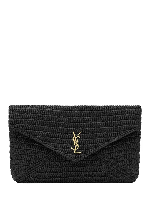 Saint Laurent Cassandre Large Envelope Pouch In Raffia - Noir