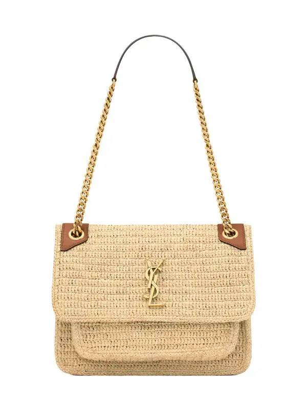 Saint Laurent Niki Medium In Raffia Shoulder Bag - Natural And Brick