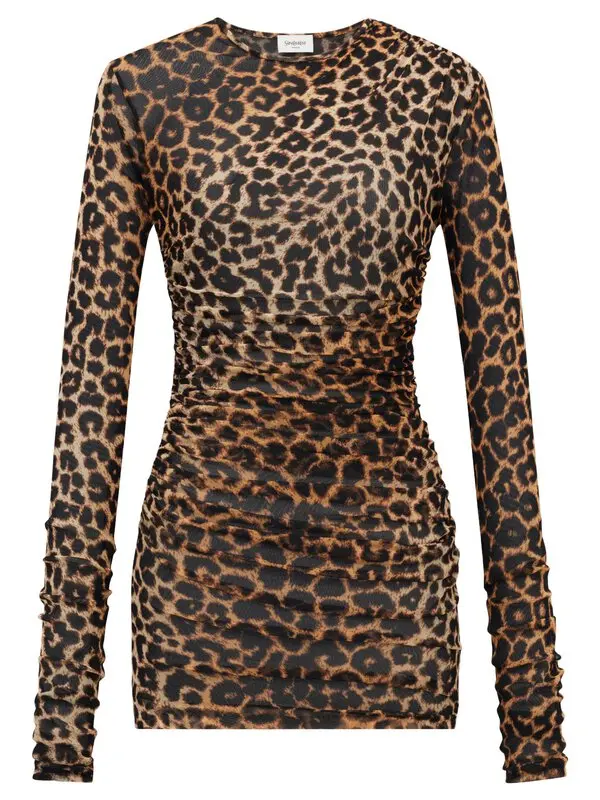 Saint Laurent Ruched Mini Dress In Tulle Jersey - Leopard