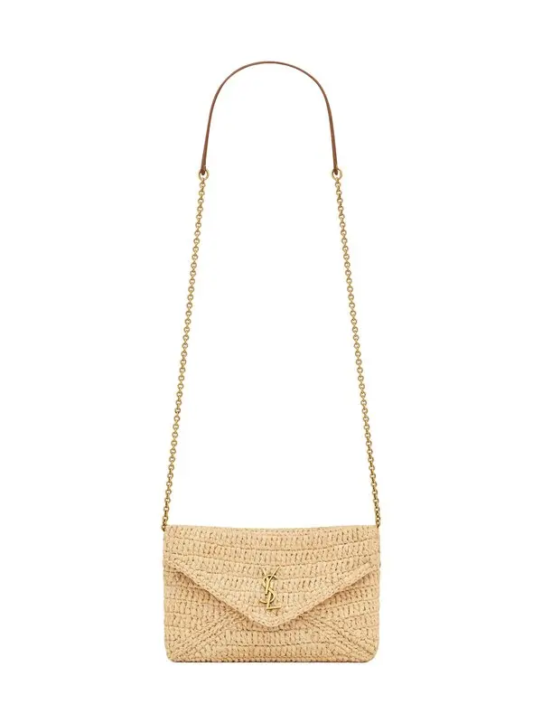 Saint Laurent Cassandre Small Chain Pouch In Raffia - Natural And Brick