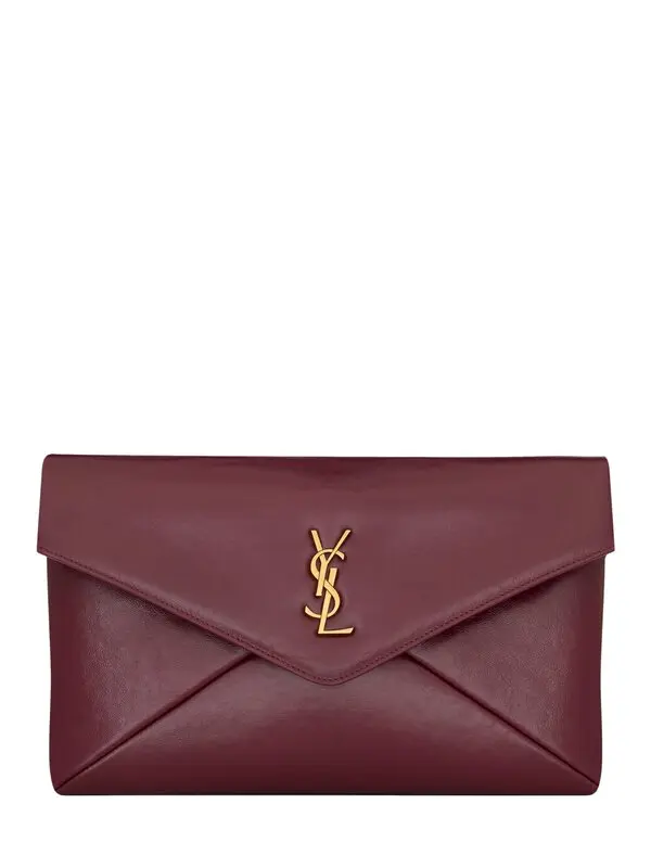 Saint Laurent Cassandre Large Envelope Pouch In Shiny Leather - Dark Ruby