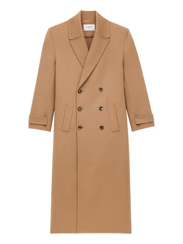 Saint Laurent Long Coat In Brushed Cashmere And Wool - Camel