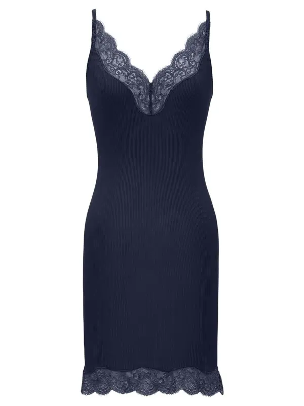 Saint Laurent Silk Jersey Slip Dress With Lace Trim - Navy