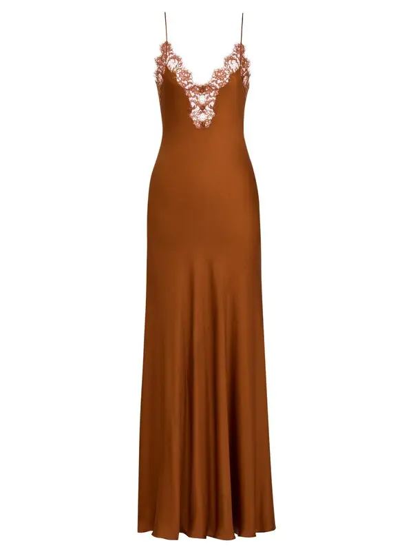 Saint Laurent Silk Satin And Lace Slip Dress - Cognac