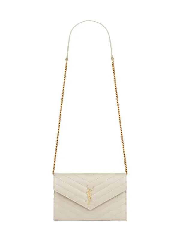 Saint Laurent Cassandre Envelope Chain Wallet In Grain De Poudre Leather - White